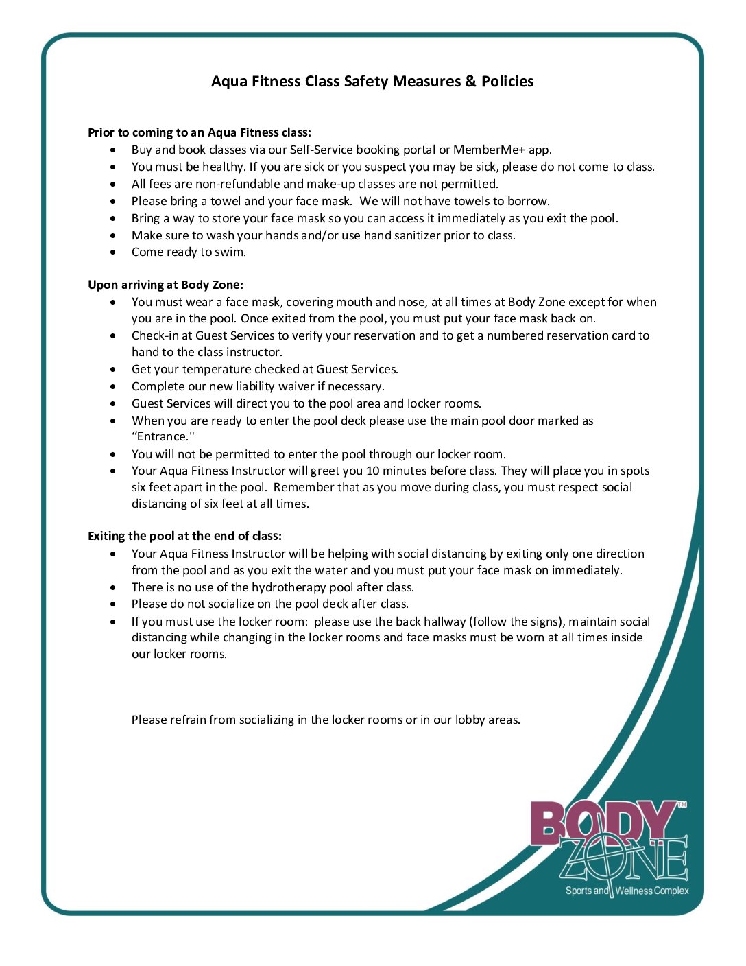 Body Zone Aqua Fitness Safety Measures and Policies - F - Body Zone ...