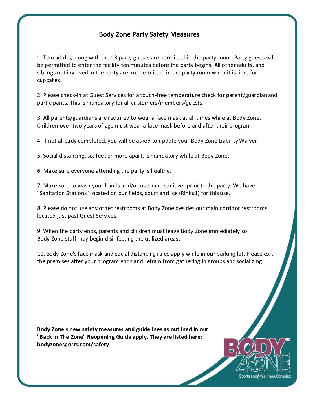 Body Zone Party Safety Measures_2020 - Body Zone Sports and Wellness ...