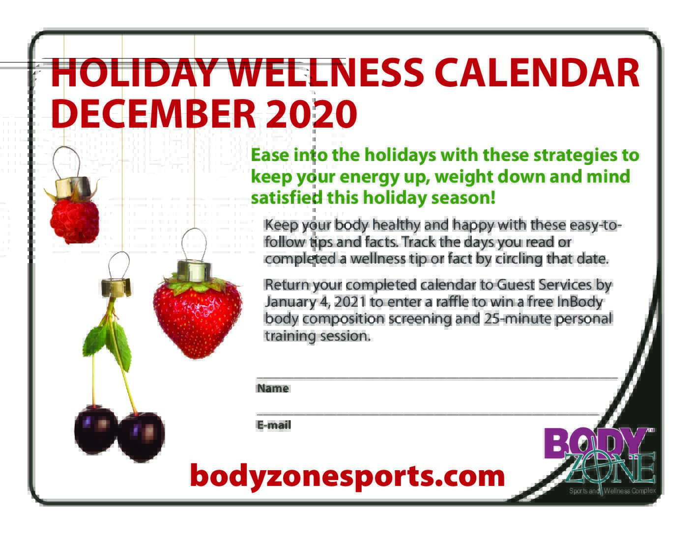 HOLIDAY WELLNESS CALENDAR 2020 - Body Zone Sports and Wellness Complex