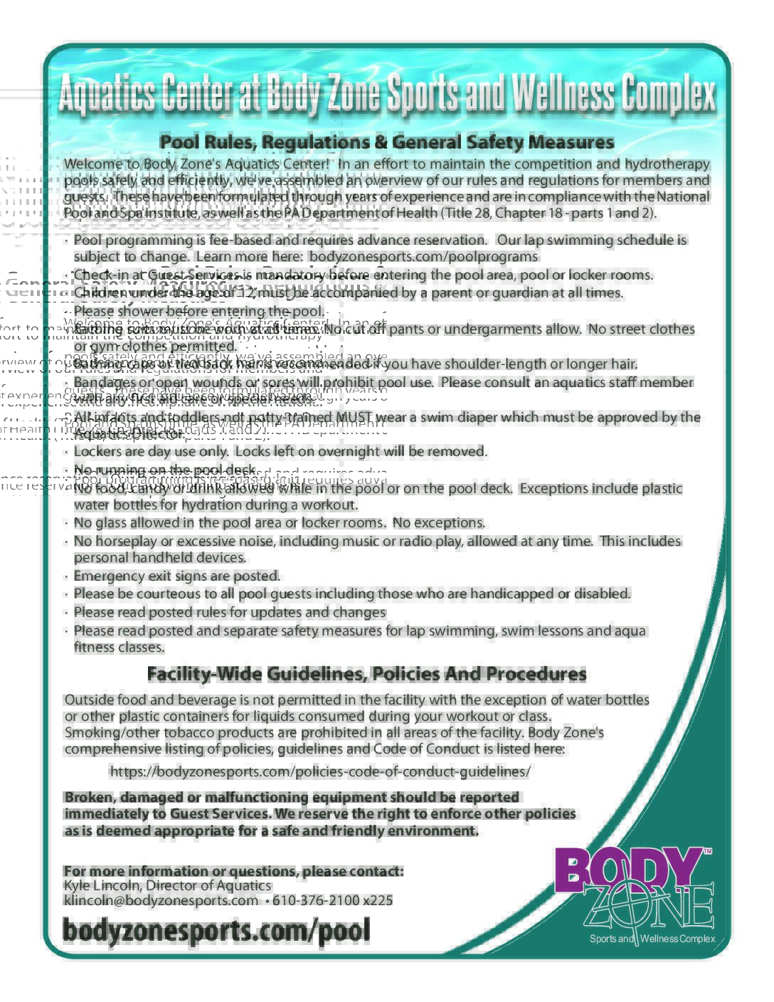 Body Zone POOL RULES AND REGULATIONS FLYER Body Zone Sports And Body Zone POOL RULES AND REGULATIONS FLYER Body Zone Sports And