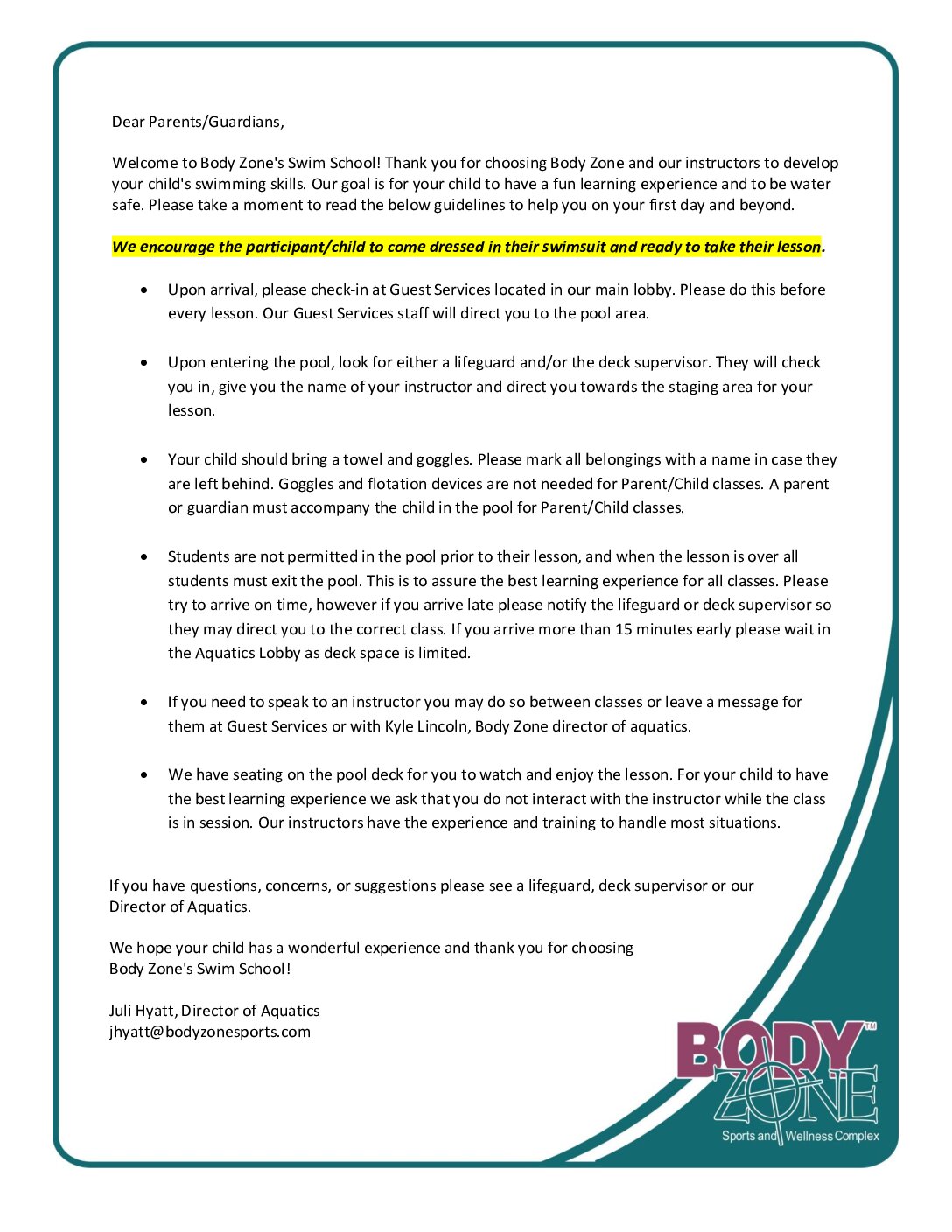 Body Zone Swim School - Important Information & Safety Guidelines - r ...