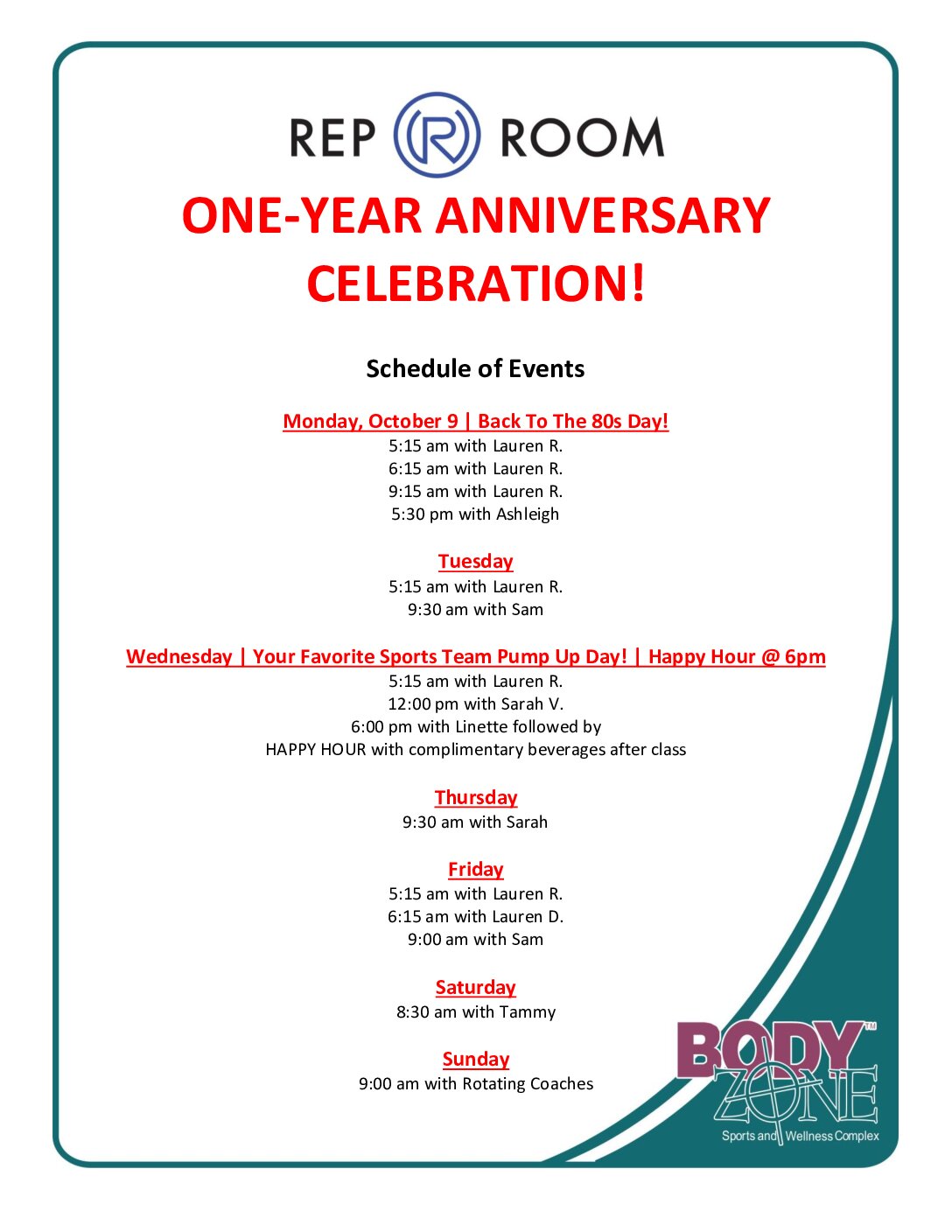 REP ROOM ANNIVERSARY - SCHEDULE OF EVENTS - Body Zone Sports and ...