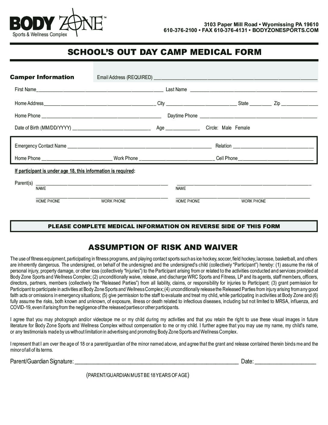 SCHOOLS OUT DAY CAMP MEDICAL FORM - 2023-24 - Body Zone Sports and ...