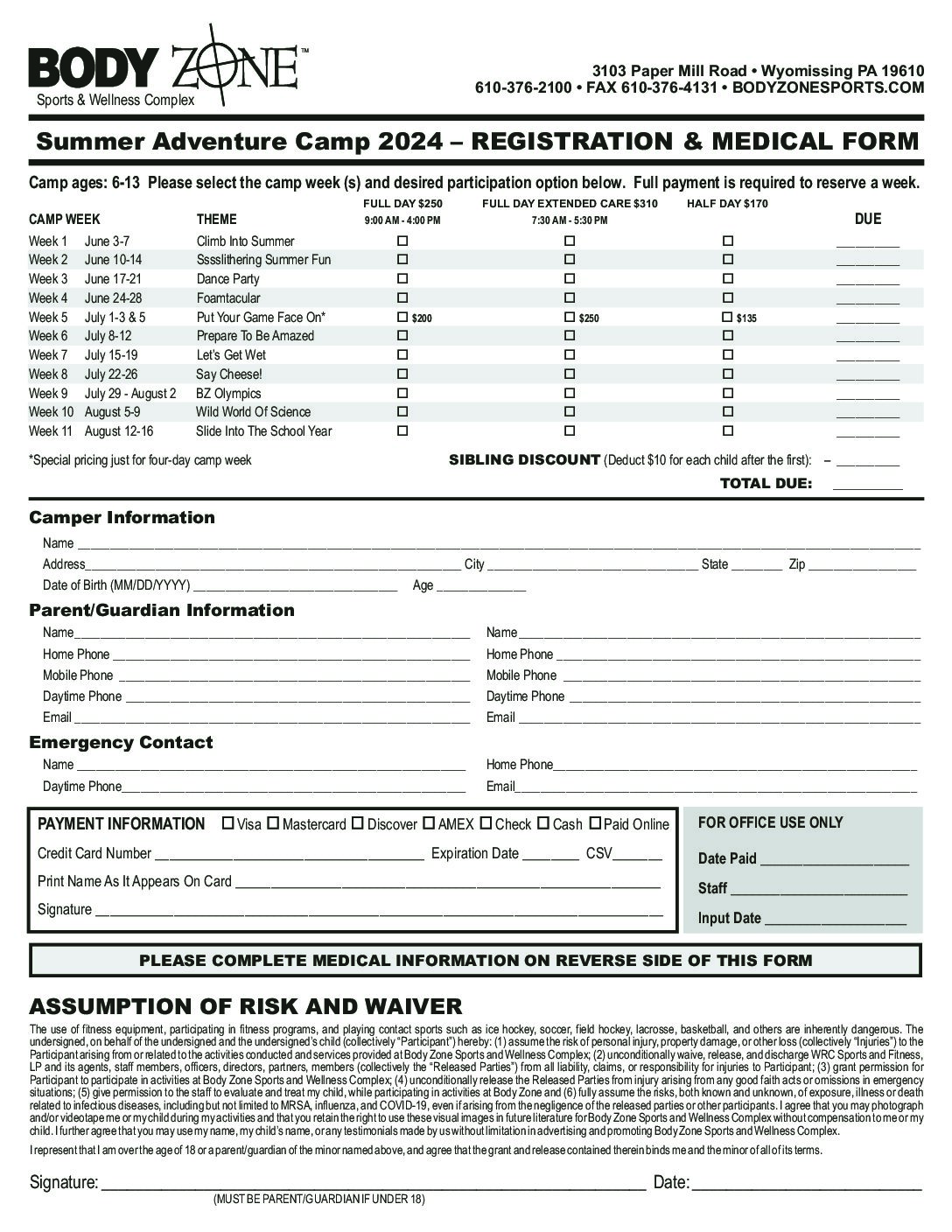 SUMMER ADVENTURE CAMP 2024 - REGISTRATION & MEDICAL FORM - Body Zone ...