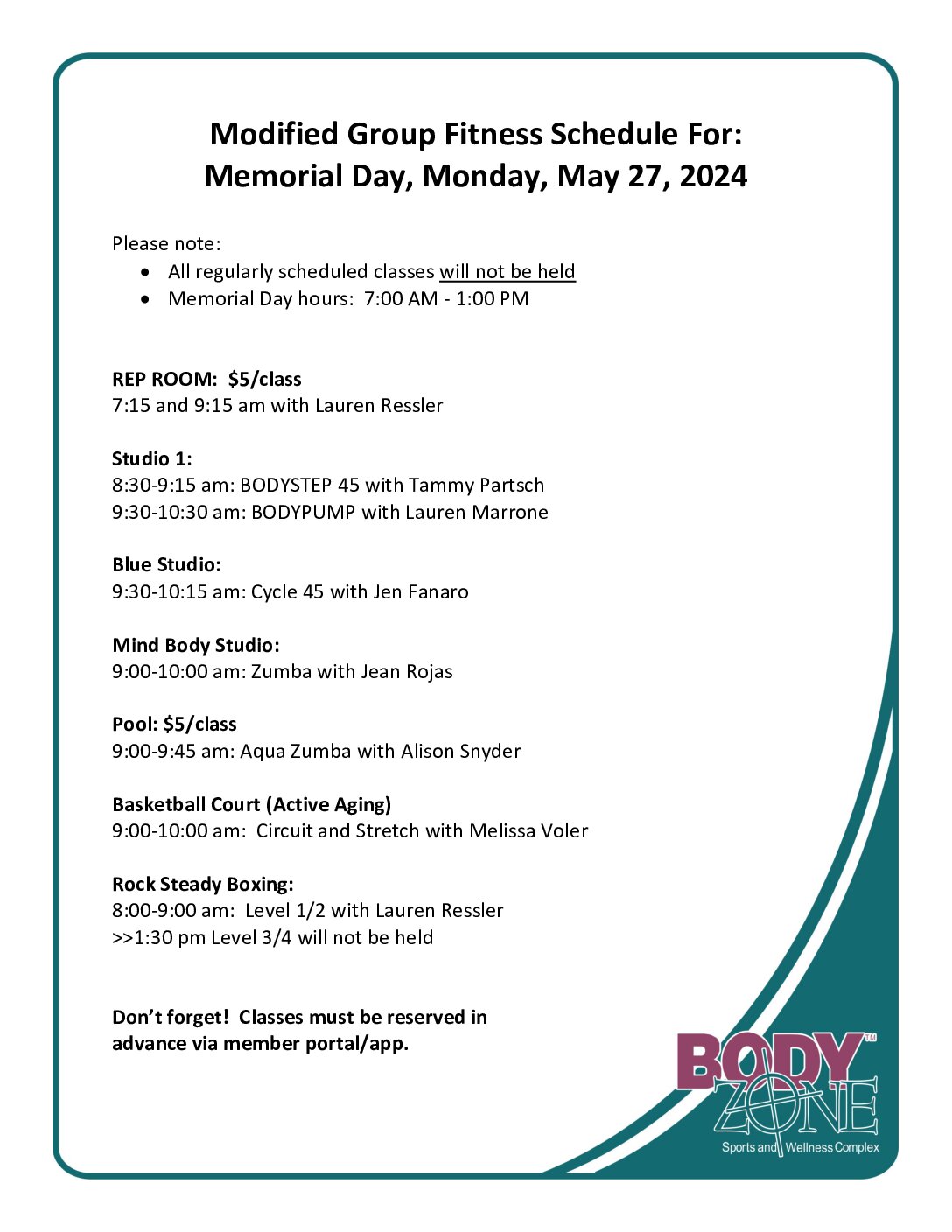 Memorial Day 2024 - Modified Group Fitness Schedule - ff - Body Zone ...