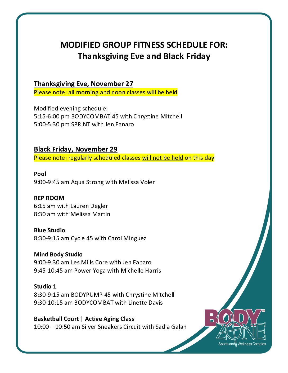 Modified Group Fitness Schedule for Thanksgiving holiday 2024 - F ...